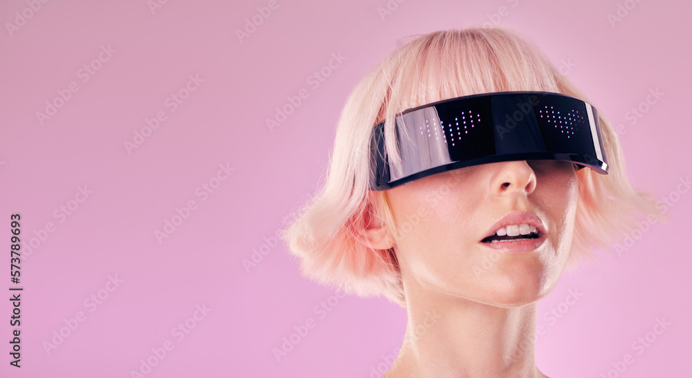 Virtual reality, metaverse and a woman with glasses for ai and future ...