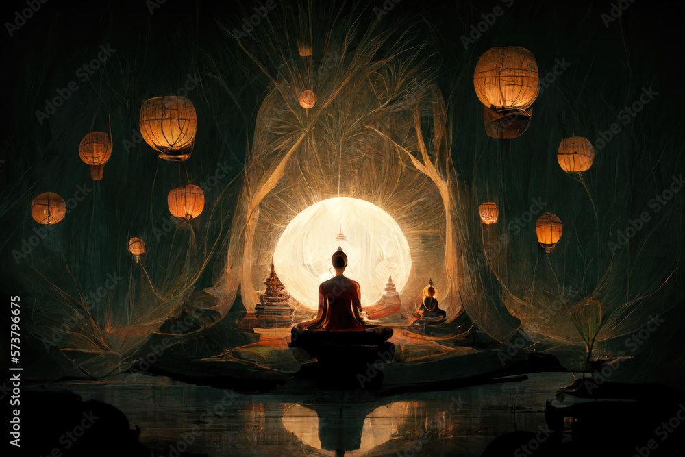 Happy Vesak Day, Buddha day. Buddha against the night sky with Chinese ...