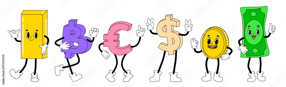Cute funny banknotes and coins humanized characters showing various ...