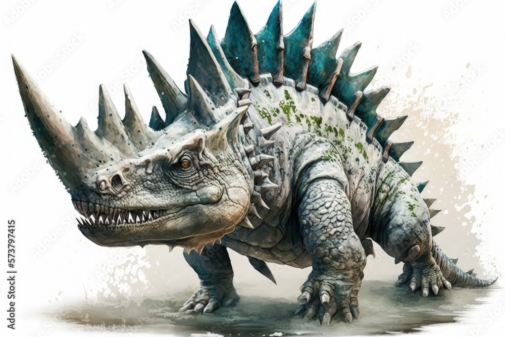 Isolated on a white background is a realistic drawing of a Stegosaurus ...