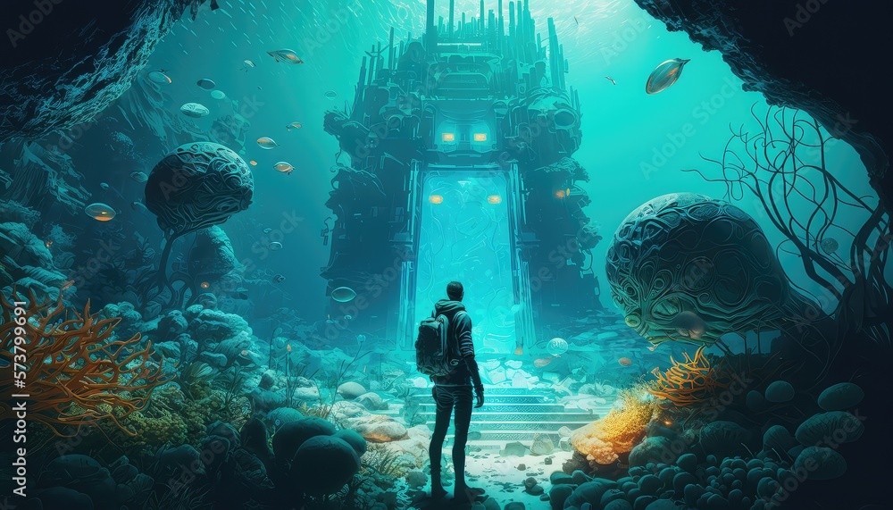 A digital or 3D render image of a person exploring an underwater city ...