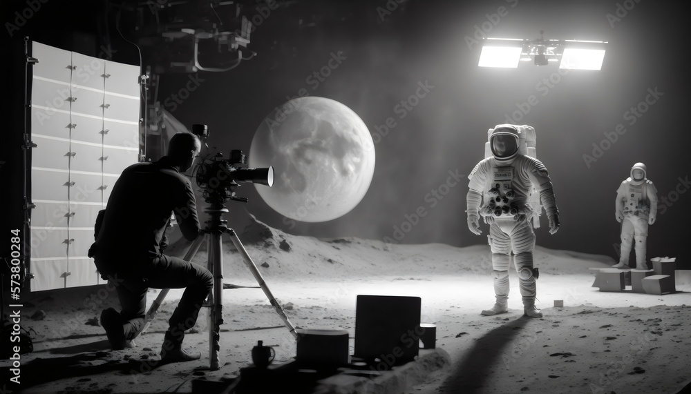 retcon image of men filming astronauts and moon landing in a studio ...