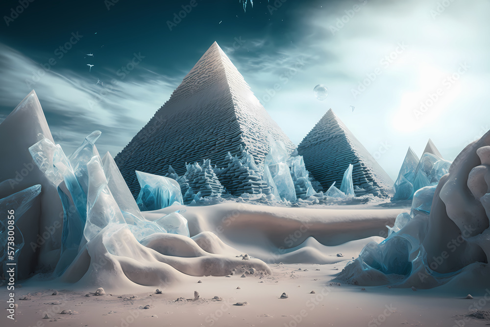Frozen Egypt ancient pyramids in snow. Concept Global cooling, Winter ...
