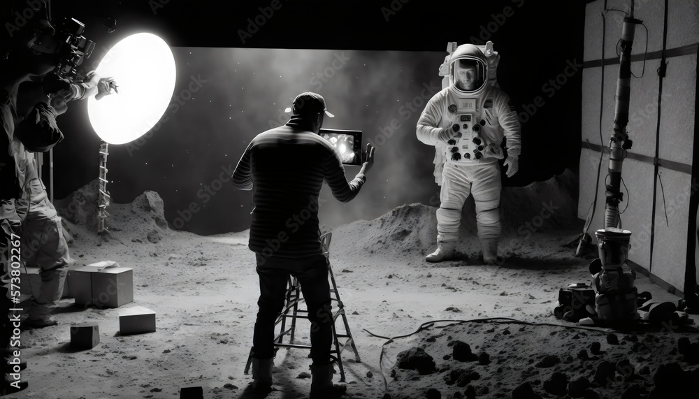 retcon image of men filming astronauts and moon landing in a studio ...