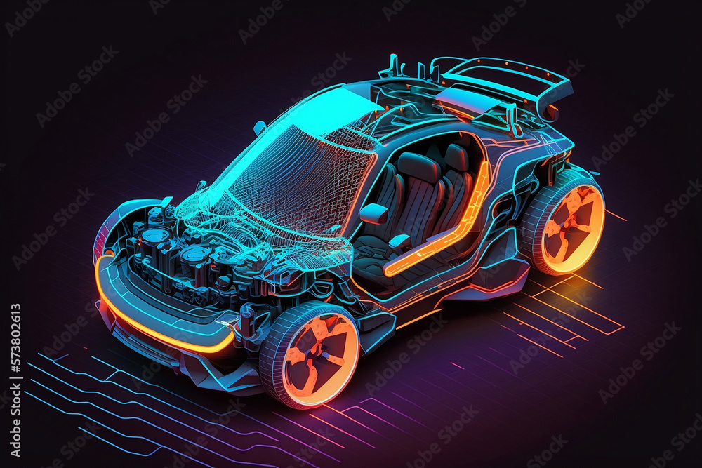 Concept of smart car technology. Car isometric hologram, in HUD style ...