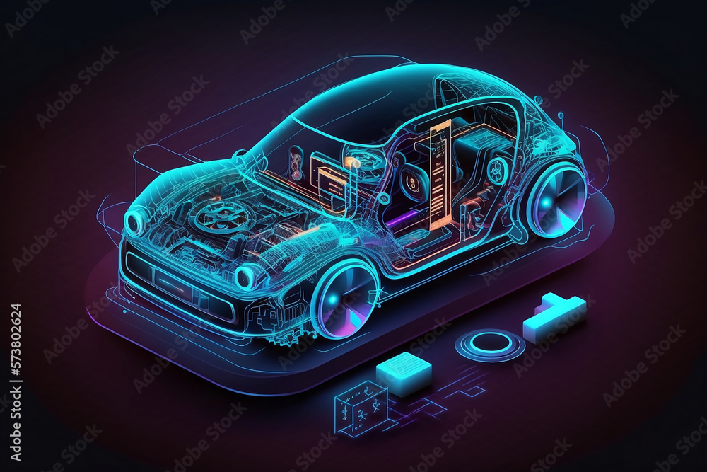Concept of smart car technology. Car isometric hologram, in HUD style ...