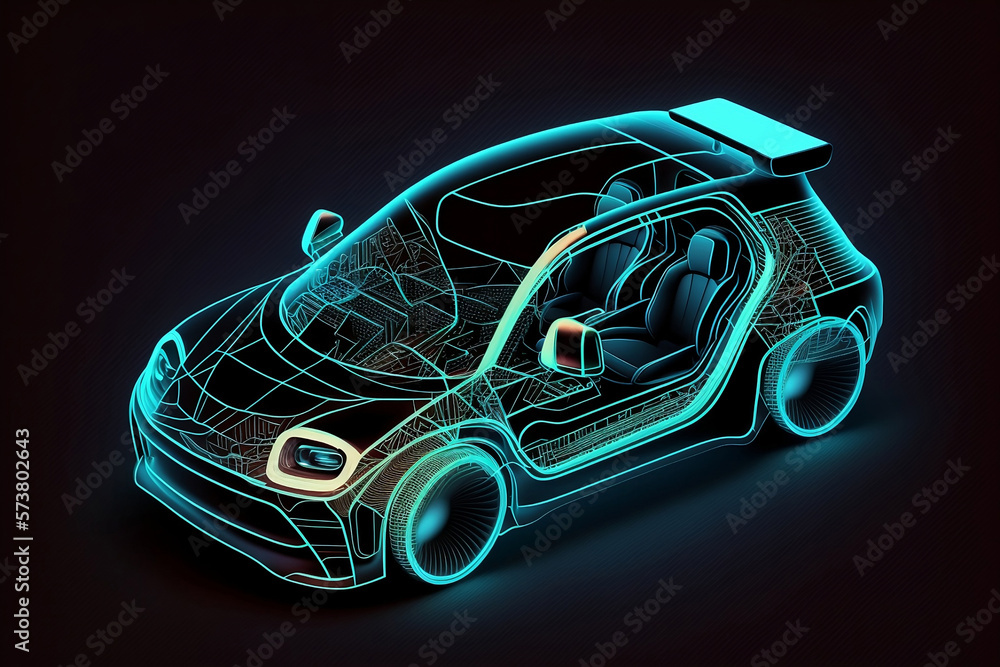 Concept of smart car technology. Car isometric hologram, in HUD style ...