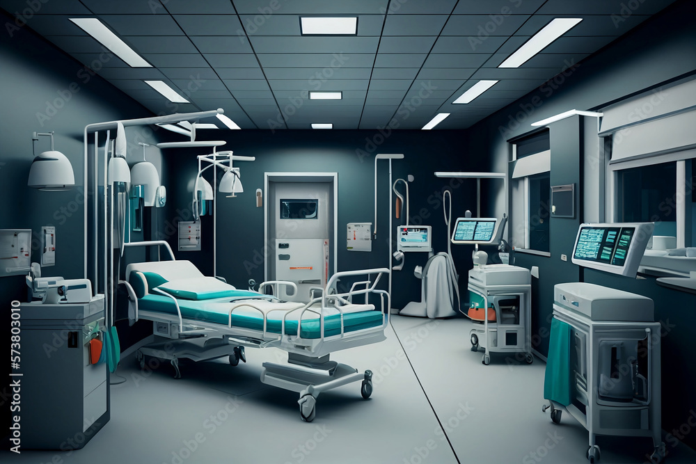 Interior of emergency room in modern clinic with empty hospital beds ...