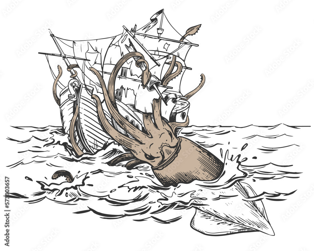Giant Squid Attacking Ship Drawing