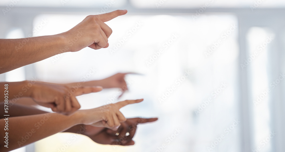 Finger raise, group and office with space for mockup, pointing and ...
