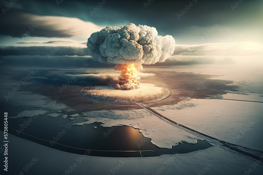 Stockillustratie Aerial view terrifying nuclear explosion bomb, with ... Stockillustratie Aerial view terrifying nuclear explosion bomb, with ...