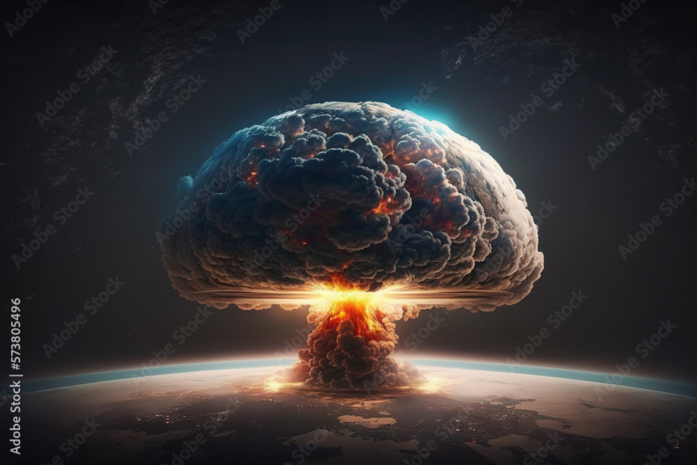 Aerial view terrifying nuclear explosion bomb, with intense energy and ...