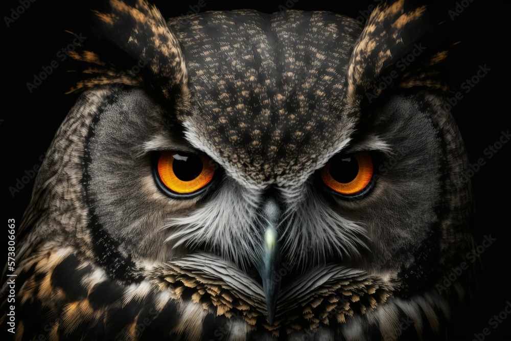 Beautiful owl's face captured in high resolution photography. image of owl on a dark background ...