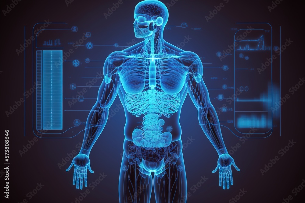 Digital x-ray human body holographic scan projection on dark blue background 3D rendering. The ...