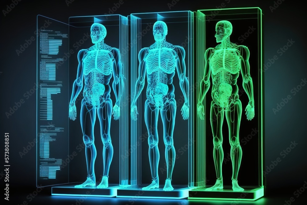 Digital x-ray human body holographic scan projection on dark blue ...