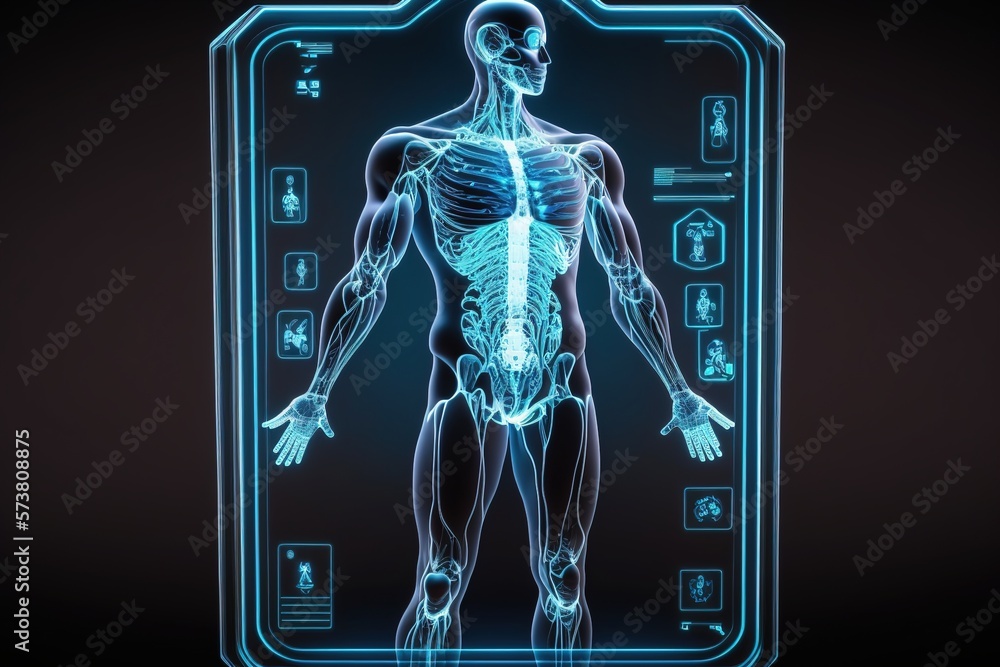 Digital x-ray human body holographic scan projection on dark blue ...
