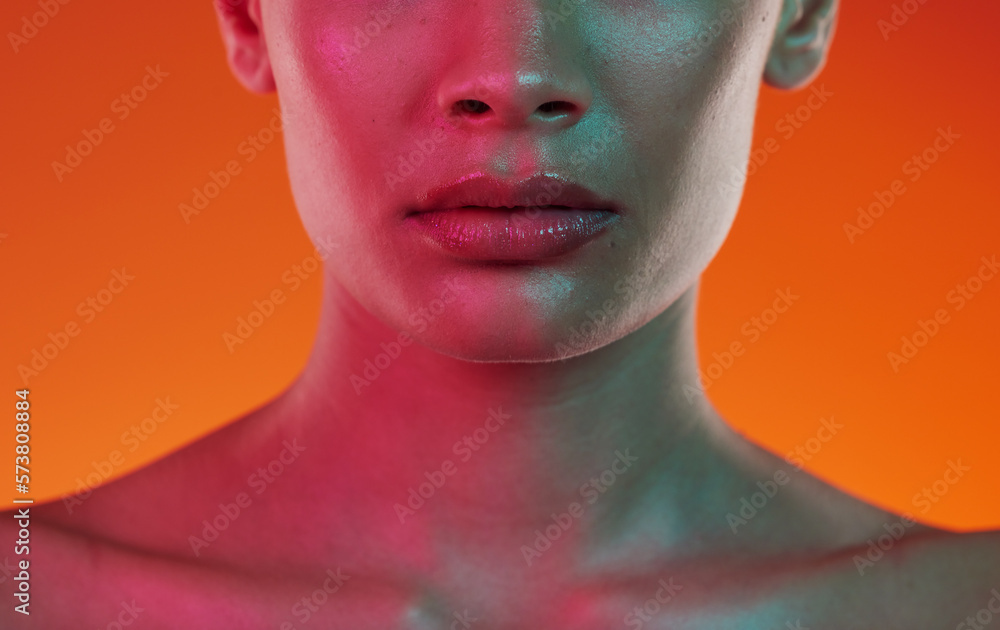 Woman, neon beauty and skincare with lips, mouth and aesthetic botox ...