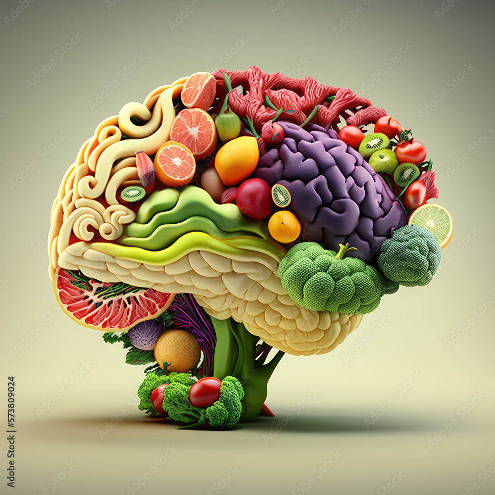 Human brain made of different fresh vegetables, concept of vegetarian ...