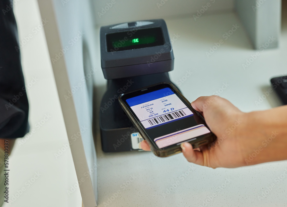 Hands, phone and ticket scan at airport for travel, immigration or ...