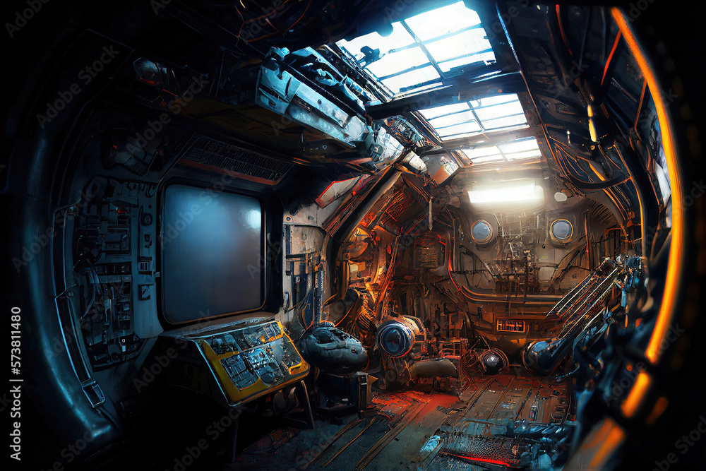 Abandoned wreck of futuristic spaceship interior with control panels (Generative AI) Stock ...