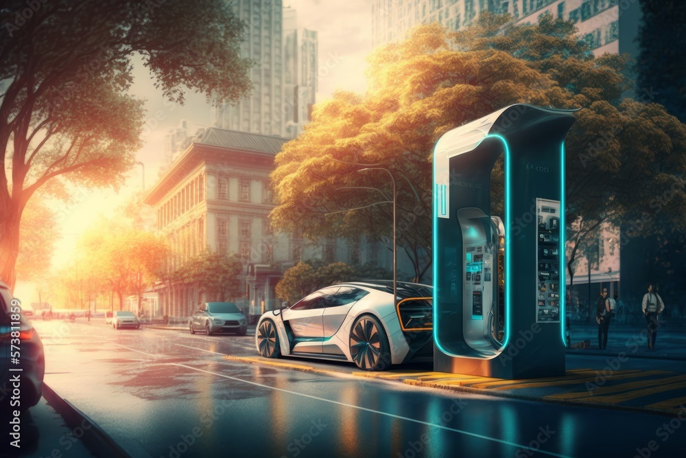 Autonomous electric vehicle charging station in a bustling city. Future ...