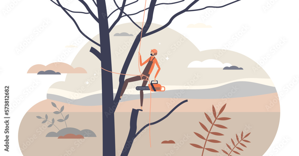 Arborist as professional tree cutting work occupation tiny person ...