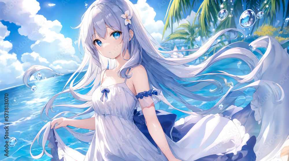 Sexy Anime Japanese Girl Big Blue Eyes On Sea Stock Illustration
