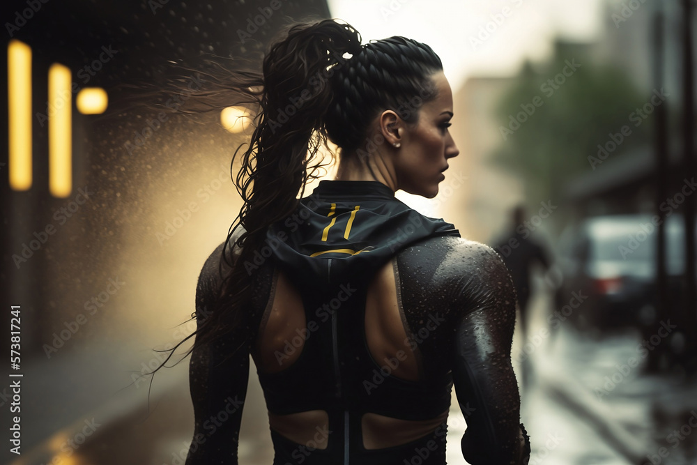 Generative Illustration AI of Black hair white Caucasian female athlete ...