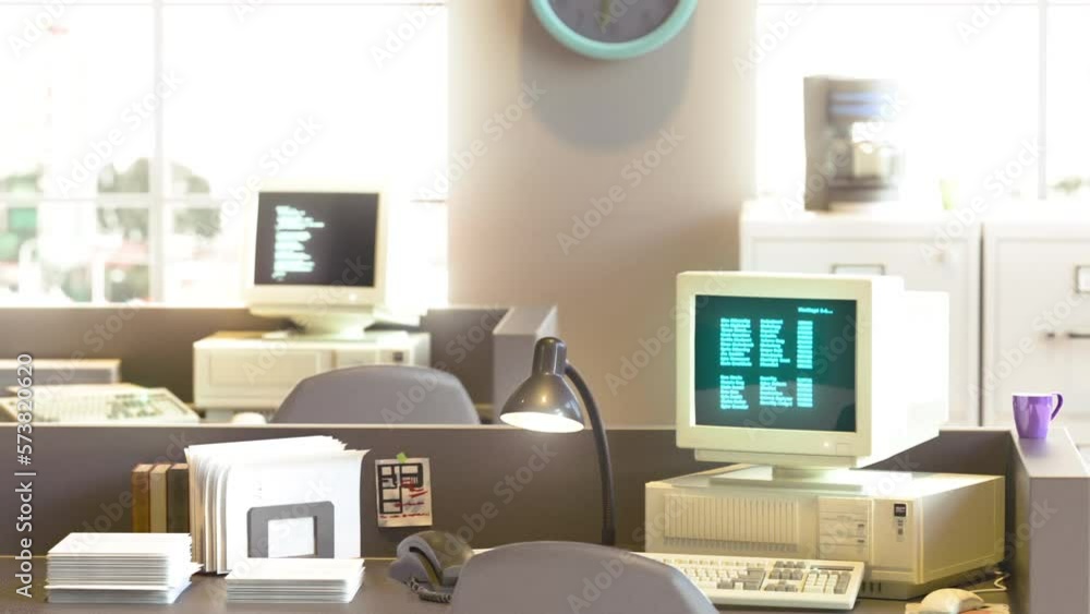 90s office render with vintage CRT monitors displaying code. Retro ...
