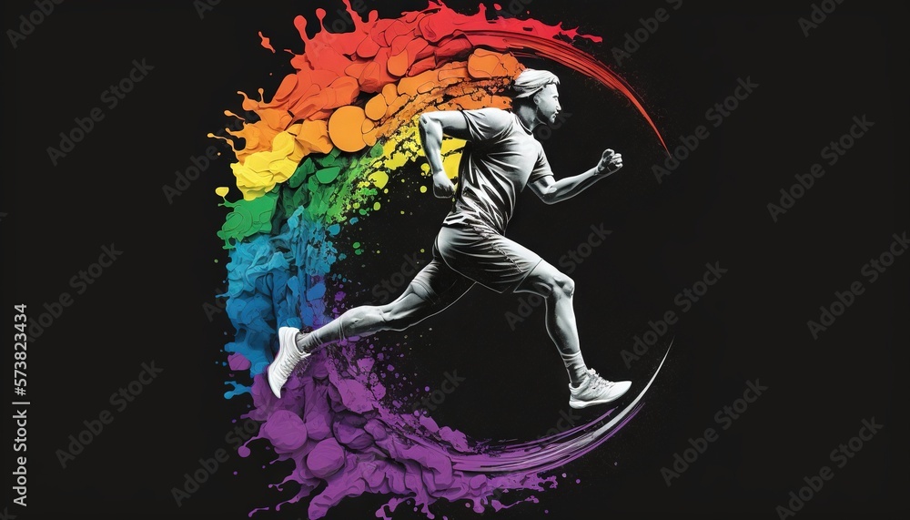 a man running in front of a rainbow painted rainbow wallpaper with a ...