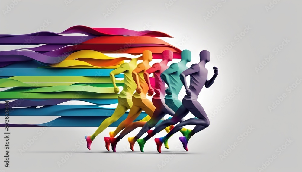 a group of people running across a rainbow colored finish line with a ...