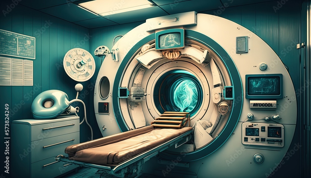 a mri room with a bed and medical equipment inside of the room and a ...