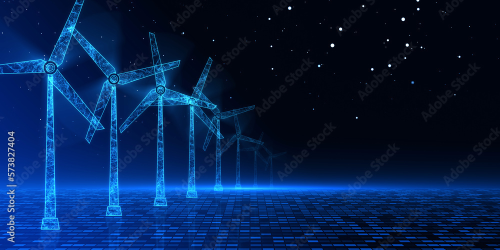 Renewable technology and green energy electricity concept with row of digital windmills on ...