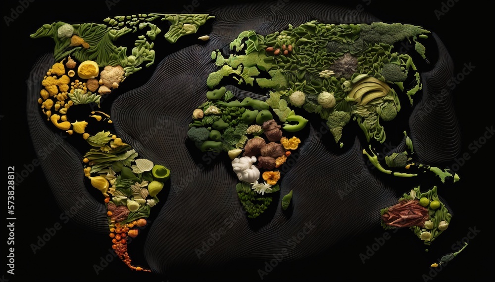 a map of the world made up of different types of vegetables and fruits ...