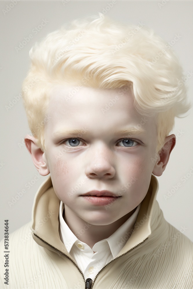 Vertical photo realistic portrait of young albino boy with short white ...