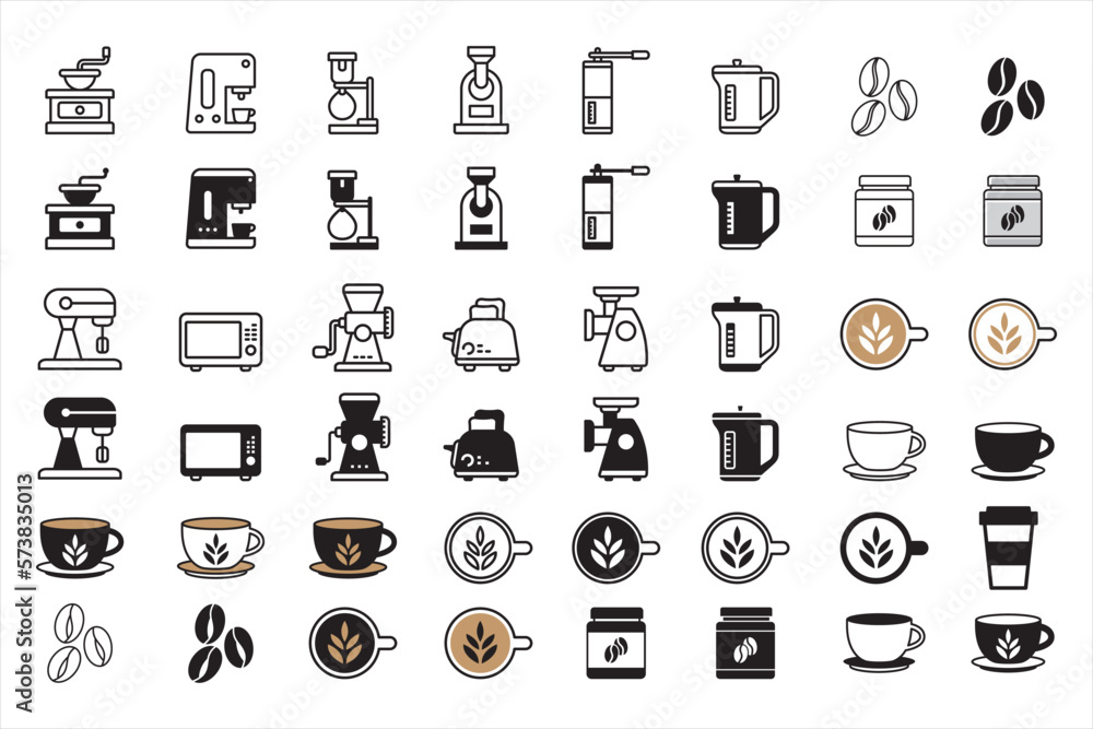 Coffee shop icon set. Coffee bar equipment icons collection. Grinder, syphon, espresso machine ...