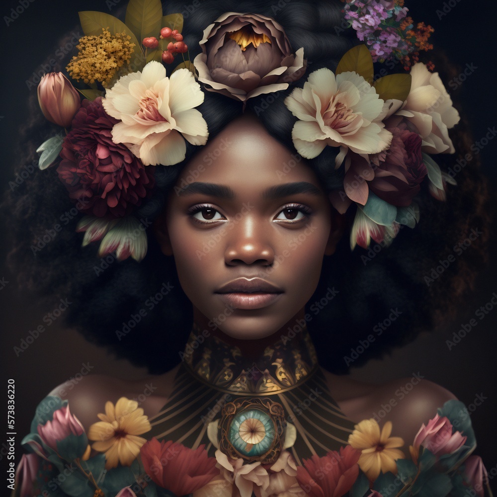 Artistic portrait of beautiful black woman wearing flower decorations ...