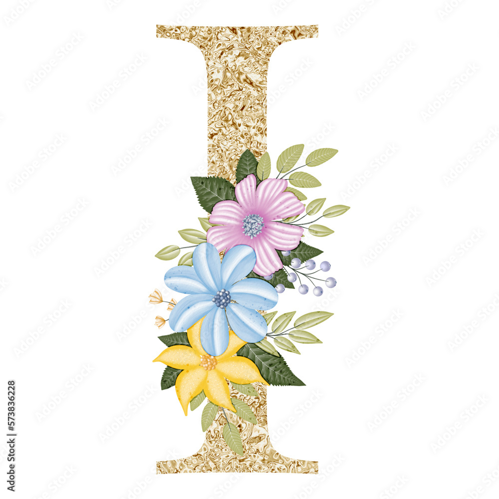 Floral alphabet, gold letter I with watercolor flowers and leaf Stock ...