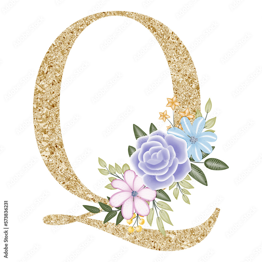 Floral alphabet, gold letter Q with watercolor flowers and leaf Stock ...