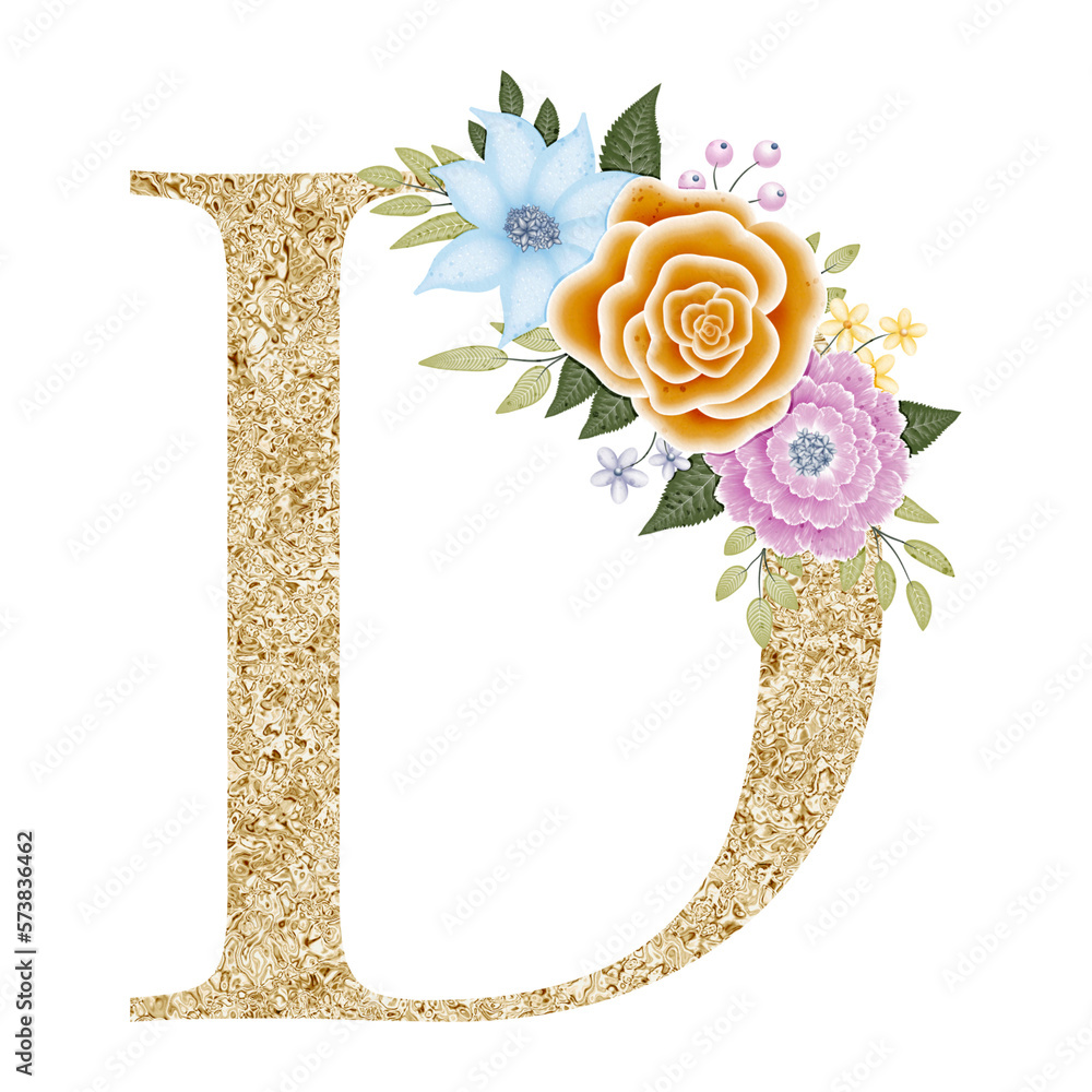 Floral alphabet, gold letter D with watercolor flowers and leaf Stock ...