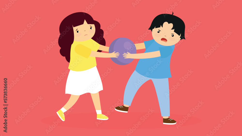 Boy and girl take the ball from each other. Vector illustration in a ...