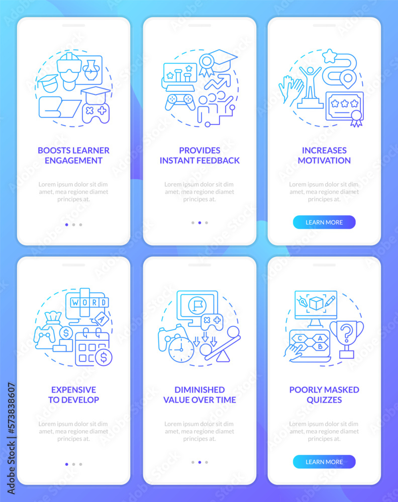 Gamification pros and cons blue gradient onboarding mobile app screens ...