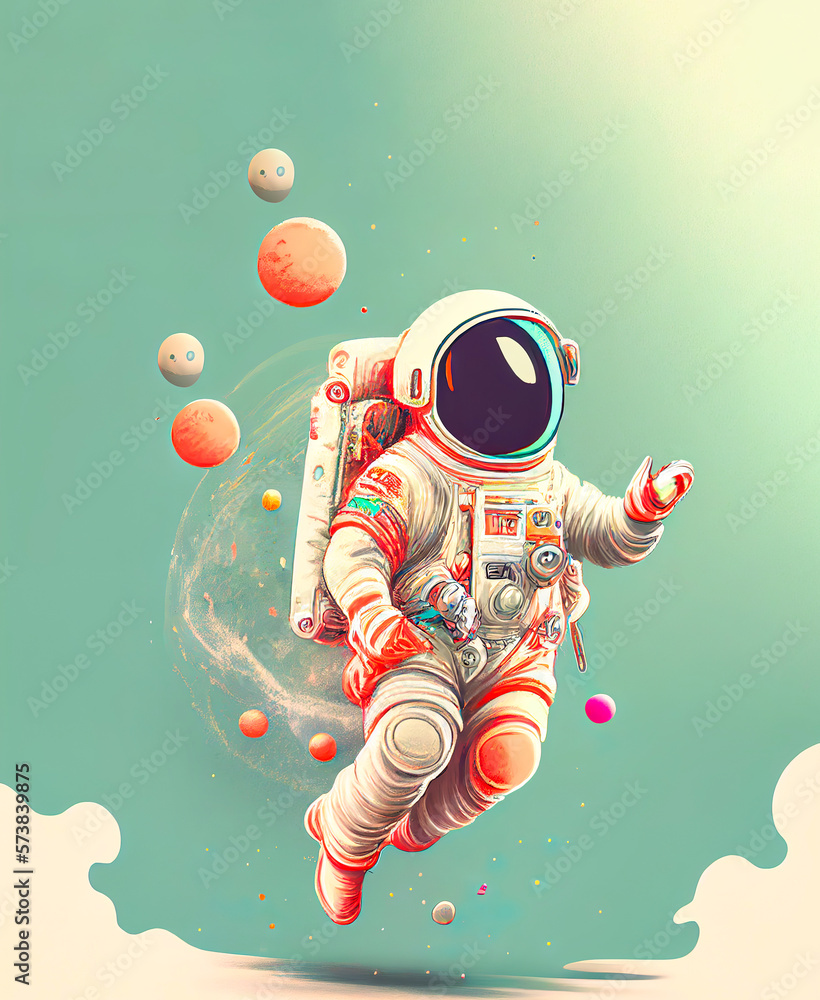 Little cute illustrated astronaut in cosmonaut suit with helmet ...