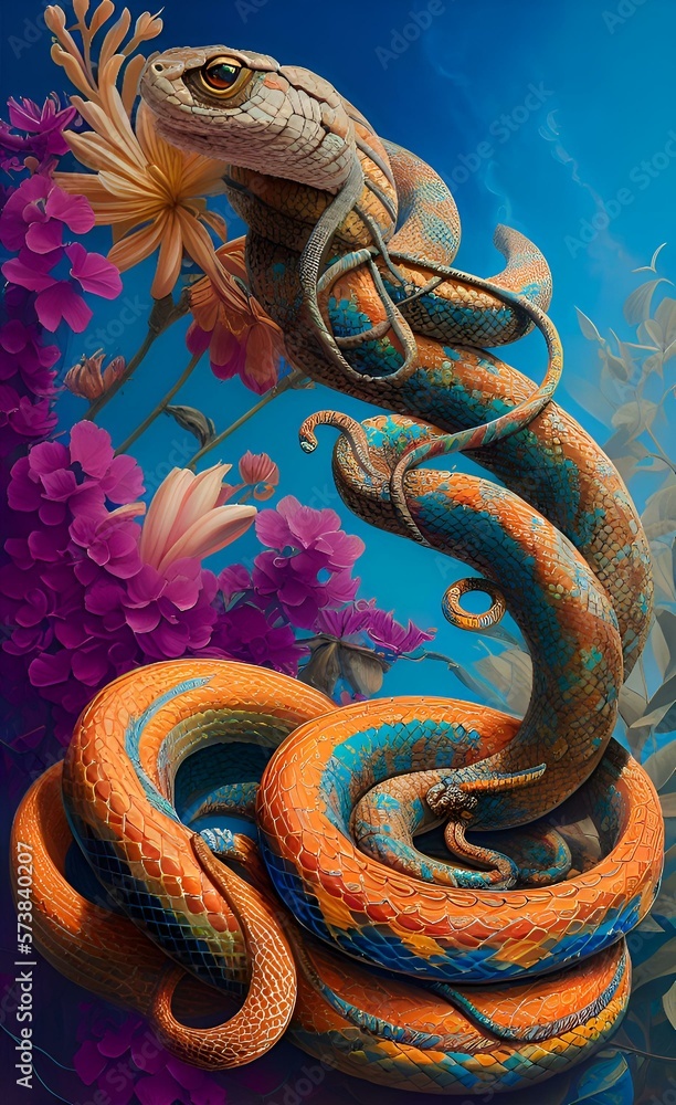 Design with fabulous snakes and flowers. Generated by AI. Bright ...