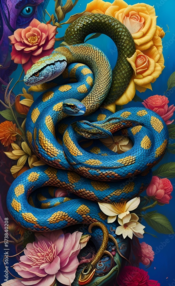 Design with fabulous snakes and flowers. Generated by AI. Bright ...