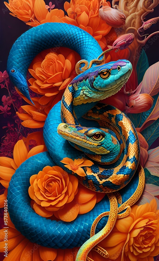 Design with fabulous snakes and flowers. Generated by AI. Bright ...
