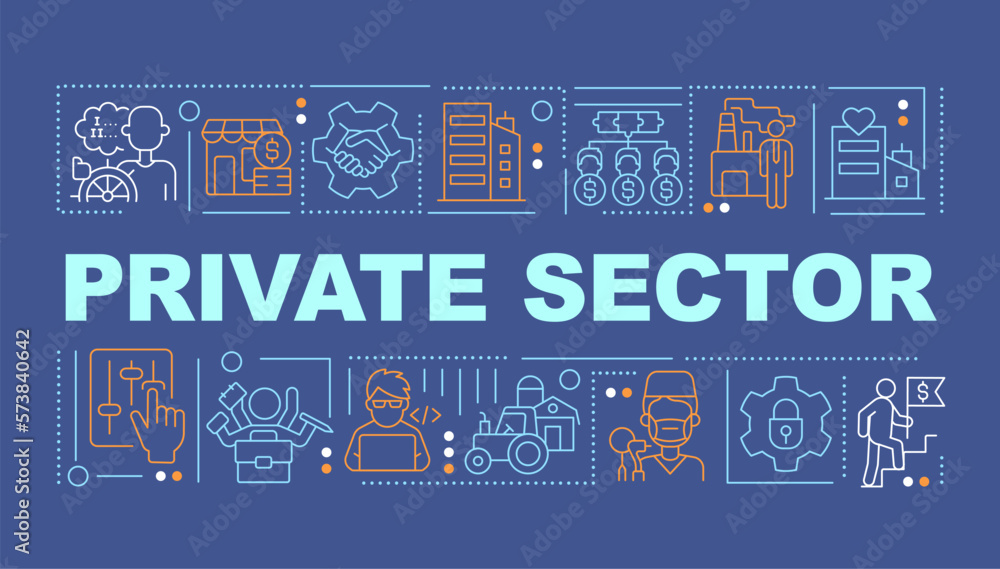 Private sector word concepts dark blue banner. Business organization. Infographics with editable ...