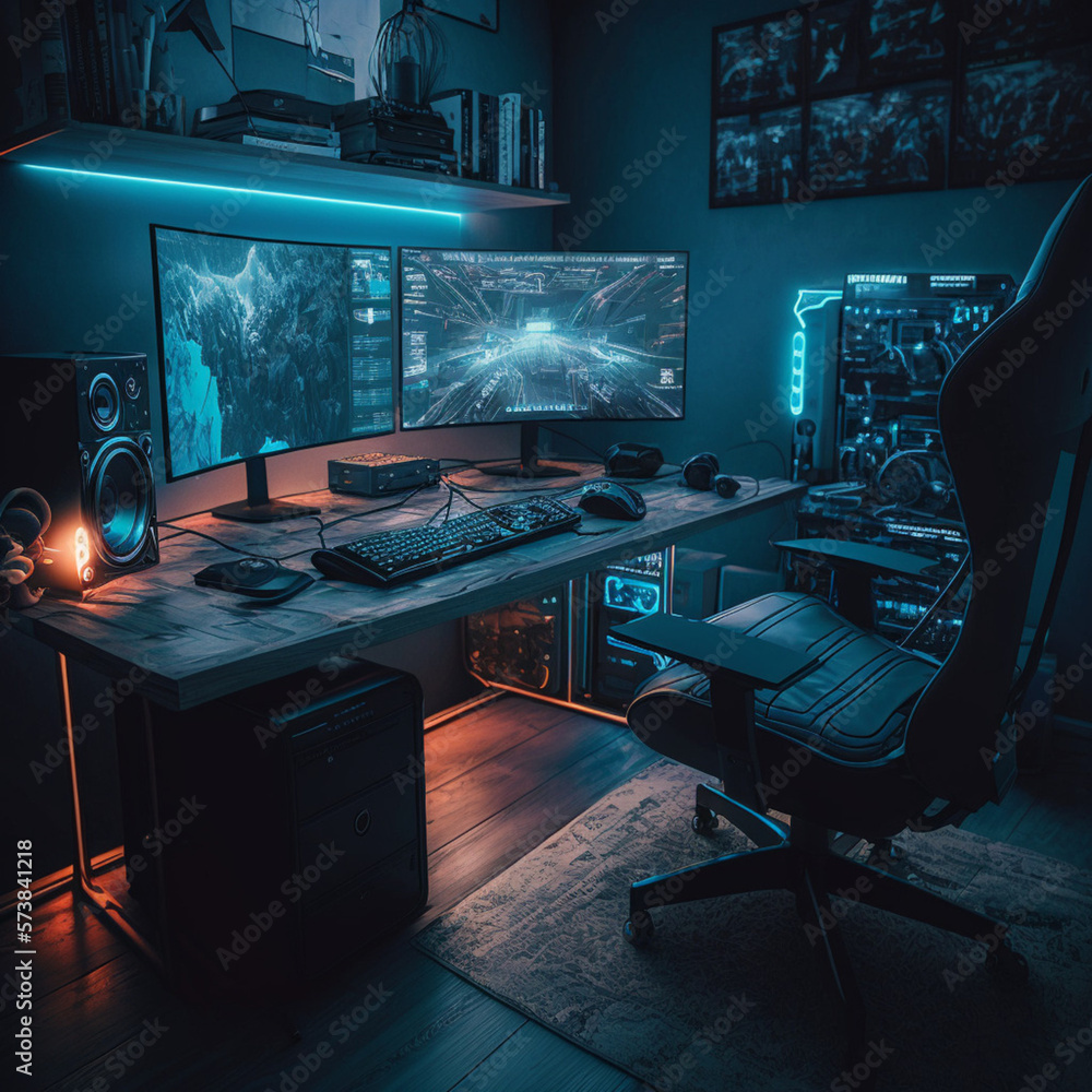 Gamer setup with a modern gaming computer and led lights. Generative AI ...