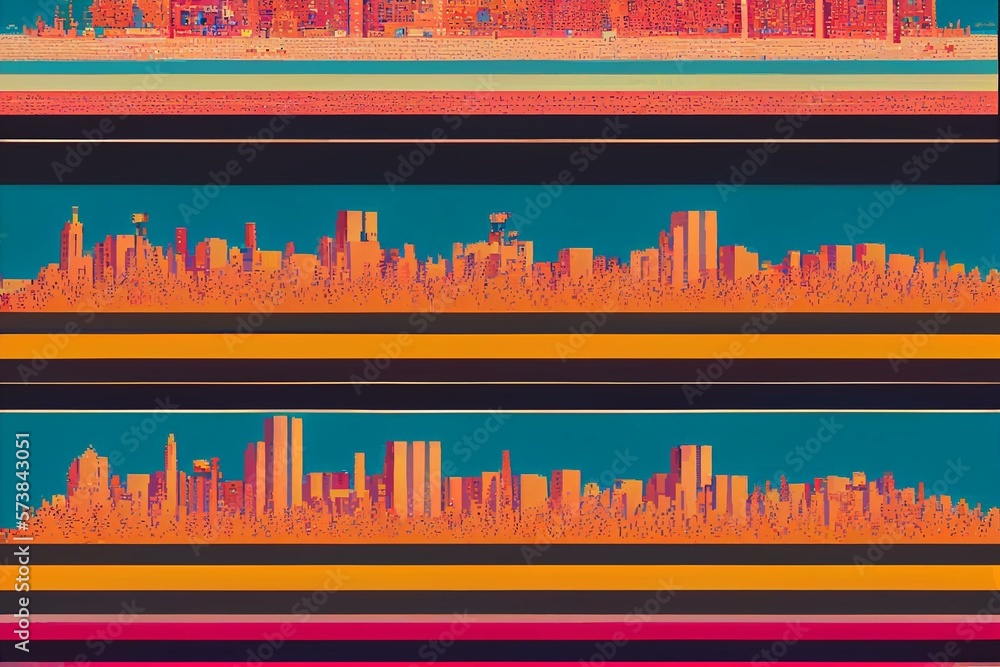 Pixel art city landscape with with buildings, houses, streets, trees ...