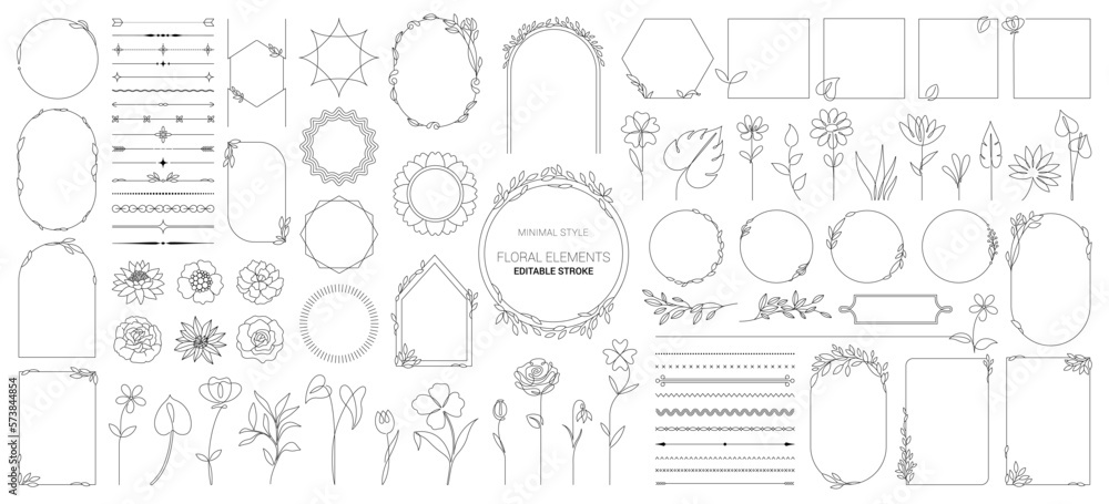 Collection of geometric vector flower frames. Hand drawn line border frames, dividers, corners ...